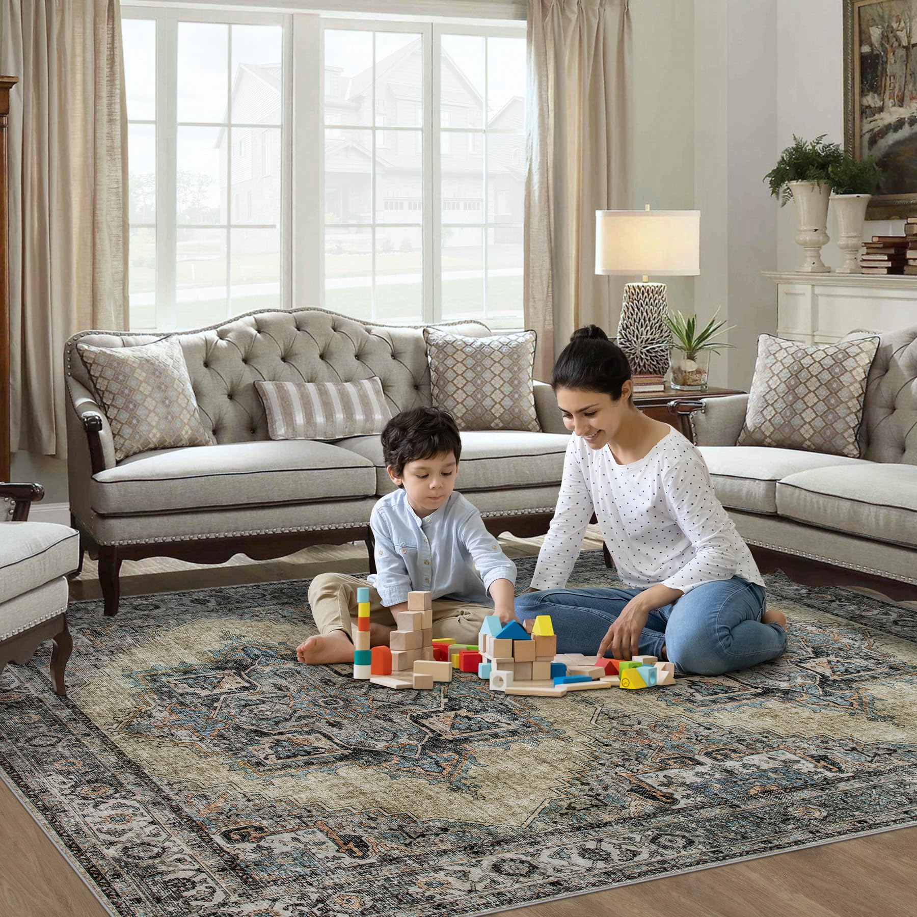 Area Rug Living Room Rugs, 8x10 Machine Washable Rug, Boho Large Rug with Non-Slip Rubber Backing, Non-Shedding Stain Resistant, Indoor Carpet for Bedroom Dining Room Nursery Home Office (Gray/Beige)