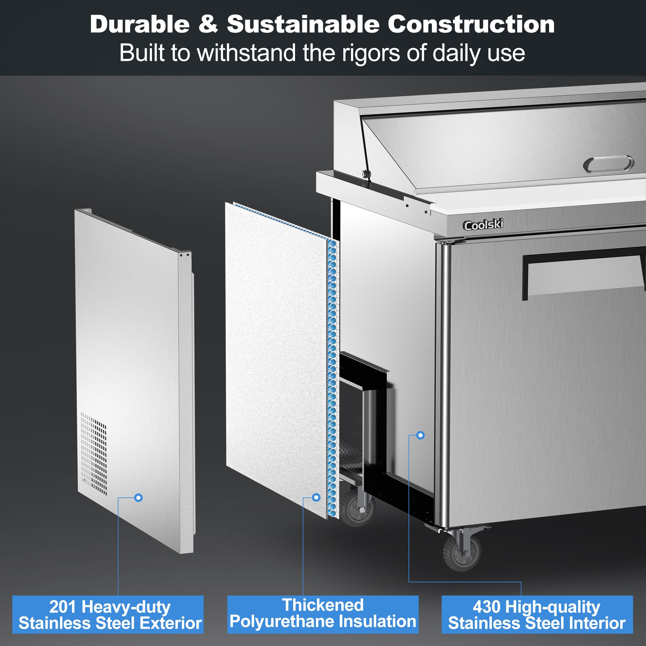 Coolski 60ββ W 2 Door Commercial Refrigerator, Refrigerated Sandwich Salad Prep Table with 16 Pans/Mega Top/Cutting Board, 18 Cu.Ft. Large Capacity Stainless Steel ETL NSF Approved