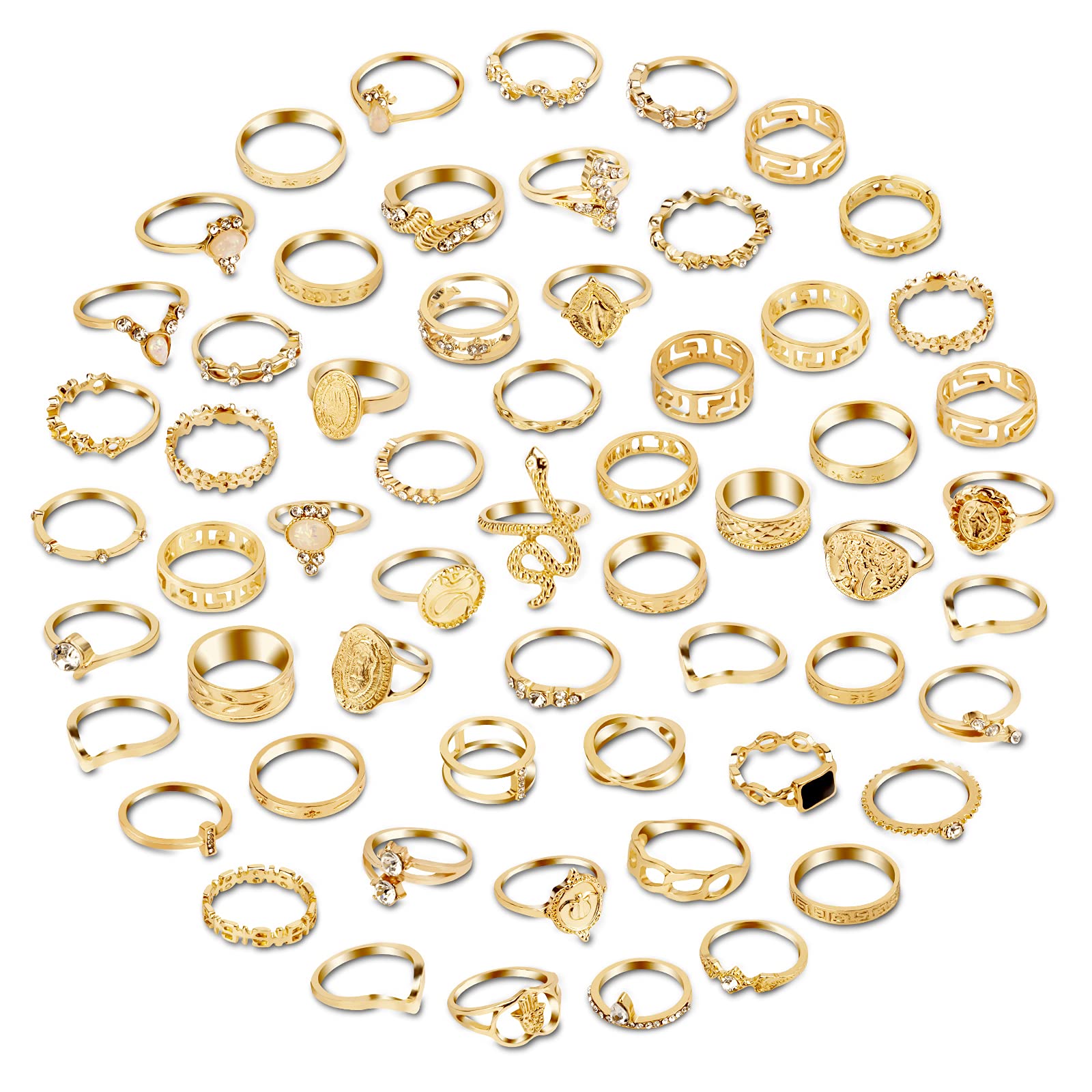 AWEOFR 59PCS Knuckle Rings Set for Womens Girls,Boho Stackable Midi Finger Ring Set,Stars Moon Waves Mountain Peaks Crystal Turquoise Gold&Silver Joint Rings (Gold-59pcs)