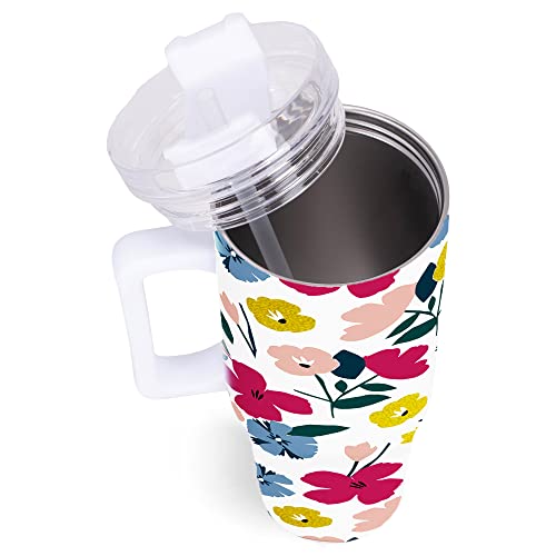 Mary Square Darling Daisy Pink Floral 30 ounce Stainless Steel Water Tumbler with Handle