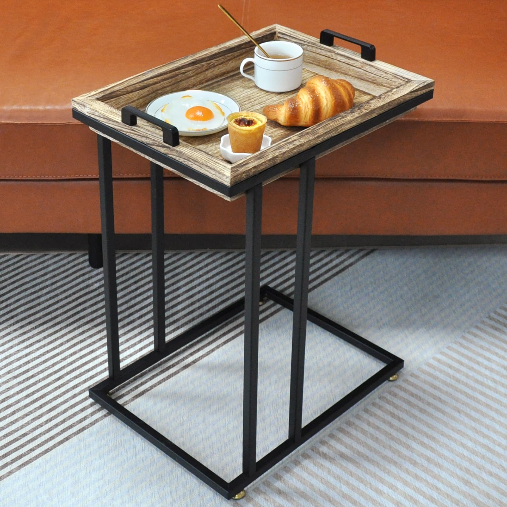Cloud Space C-Shaped Side Table, Multifunctional End Table with Metal Frame, Detachable Solid Wood Flat Tabletop, Replaceable with Solid Wood Tray Top(Rustic Brown