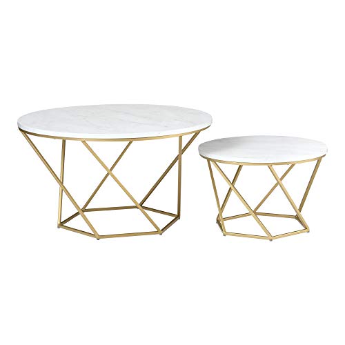 Walker Edison Modern Round Nesting Coffee Table Living Room Accent Ottoman Storage Shelf, Set Of 2, Marble and Gold