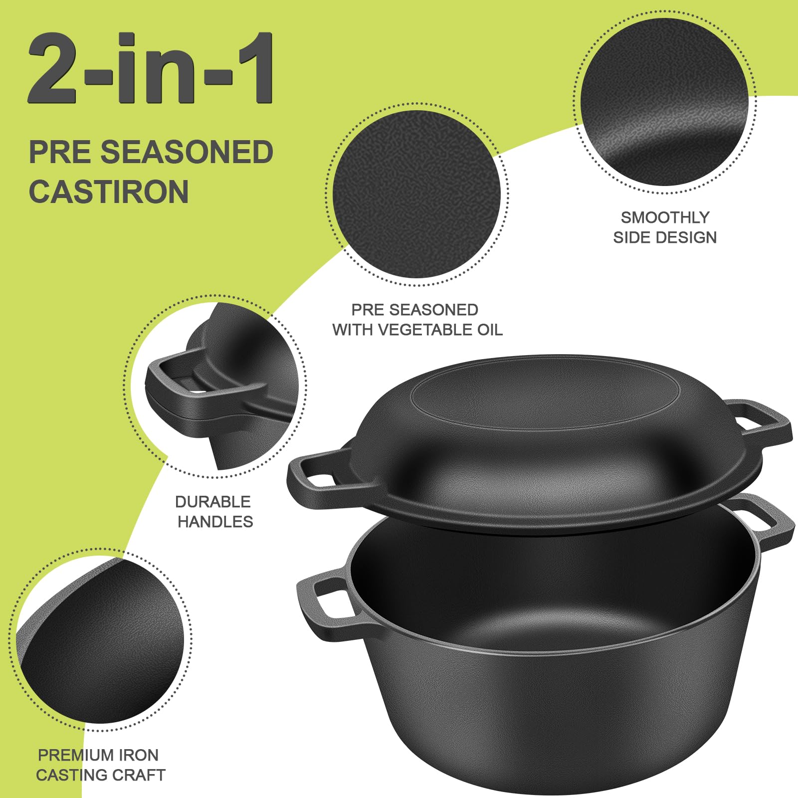 RAINBEAN 2-in-1 Pre-Seasoned Cast Iron Dutch Oven Pot with Skillet Lid Cooking Pan,5.5 QT Dual Handles Dutch Oven Pot with Lid,Heavy-Duty Non-stick Round Dutch Oven for Bread Baking, Stewing, Roasting