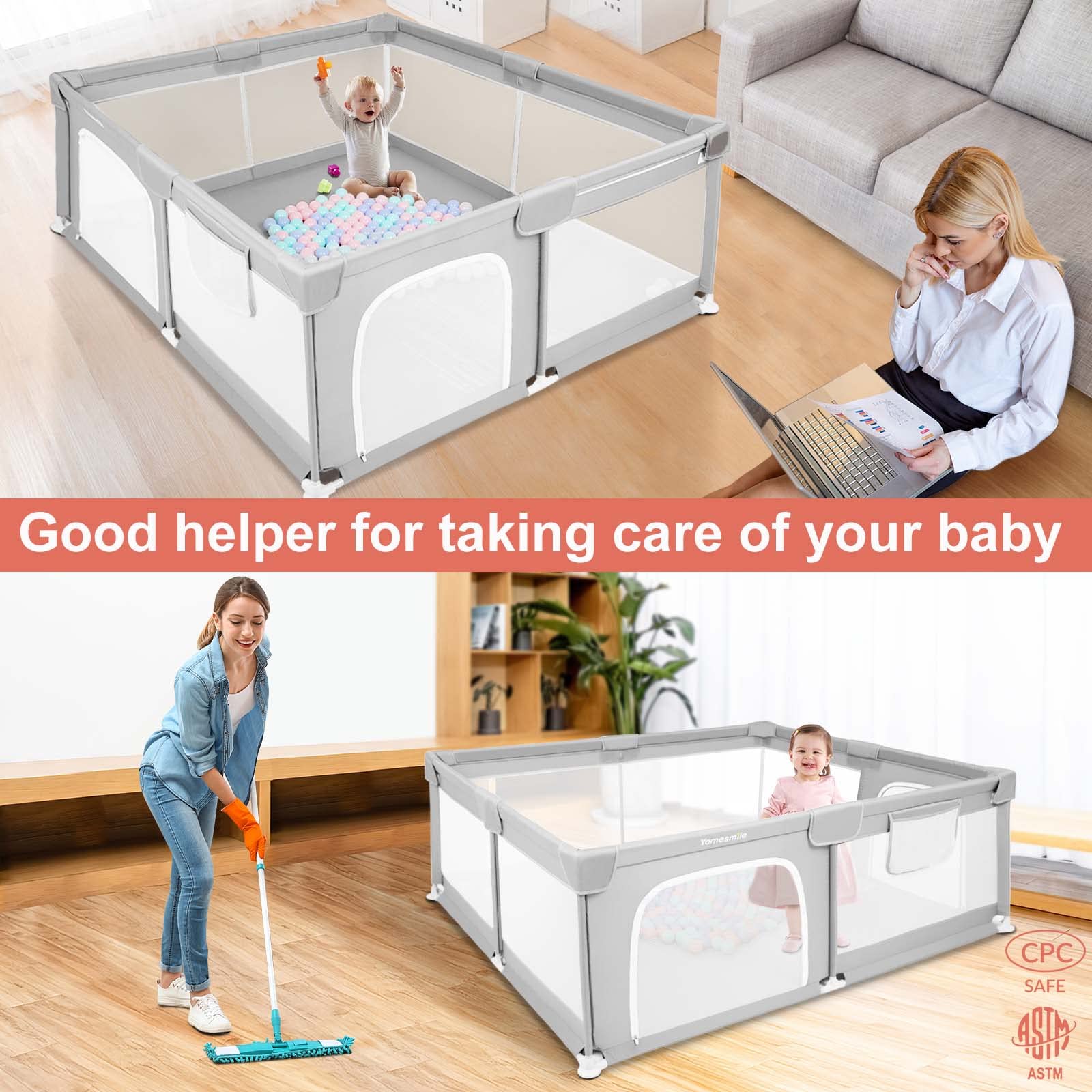 Baby Playpen for Babies and Toddlers, 71 x 59 inch Extra Large Playpen, Play Fence with 4 Pull Rings and Carry Bag