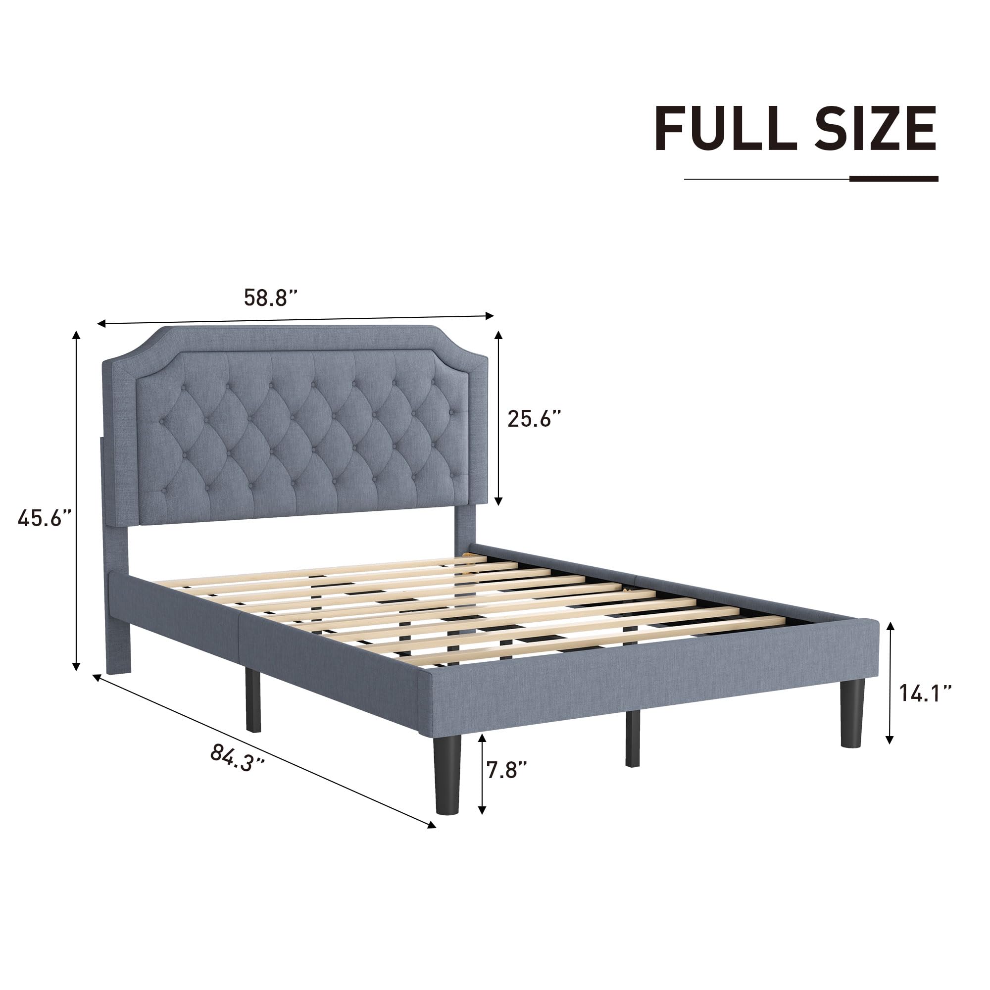 Bonzy Home Full Bed Frame with Button-Tufted Headboard, Modern Platform Bed Frame Queen Size with Under-Bed Storage Space, Solid Wooden Slats, No Box Spring Needed, Noise-Free, Grey