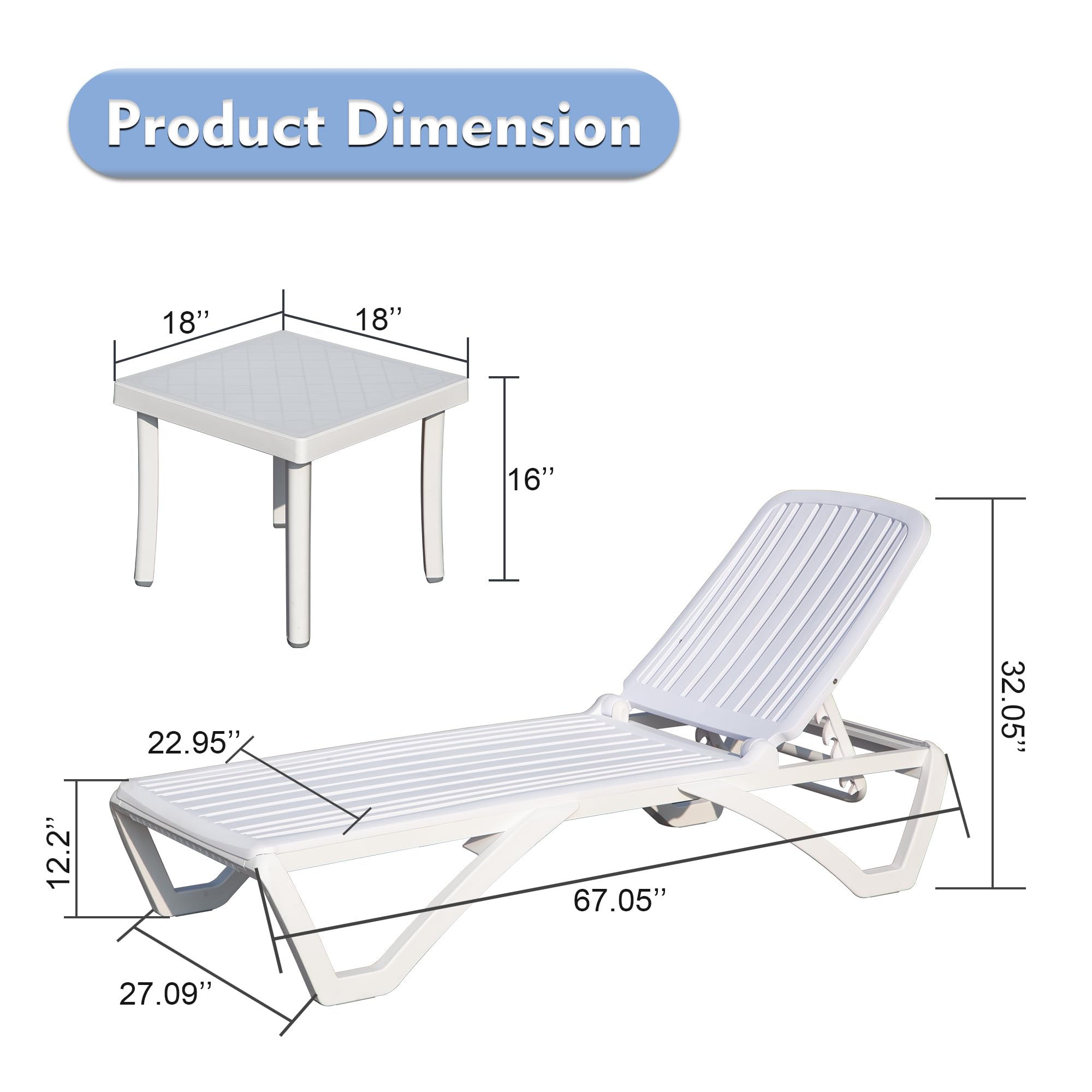 Domi Outdoor Chaise Lounge Set of 3, Pool Lounge Chairs Plastic Adjustable Recliners Tanning Lounge Chair with Table for in-Pool Sunbathing Beach Lawn Poolside, White