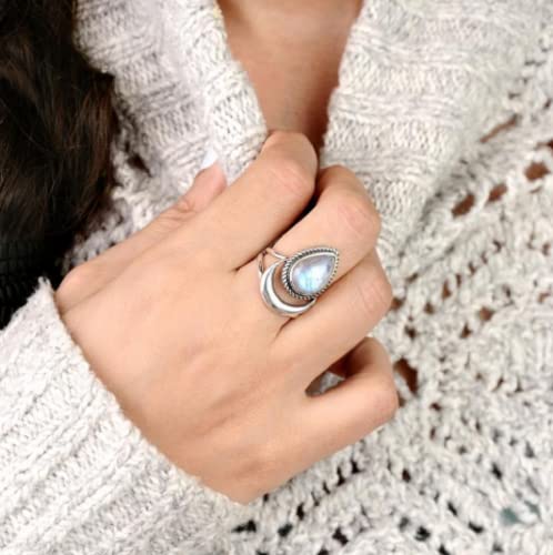 Awmnjtmgpw 925 Sterling Silver Rainbow Moonstone moon women's Retro ring creative tear shaped water drop crescent punk ring size 6-10 (size 6)