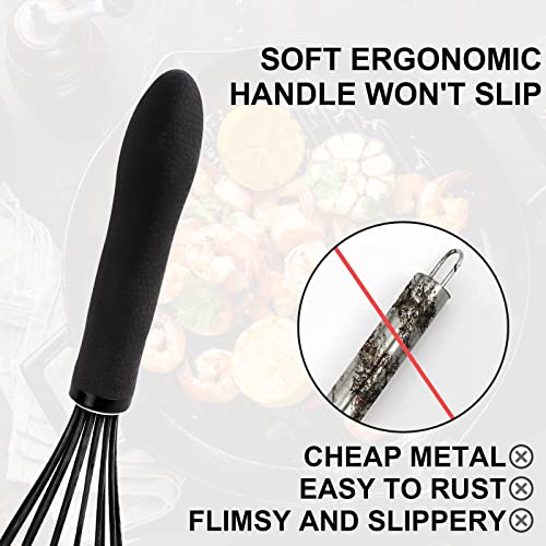 DIGHEIGG Silicone Whisk for Cooking, Wisk Set Egg Beater for Non-Stick Cookware for Whisking, Blending, Beating, Frothing & Stirring Kitchen Decor and Accessories, Black, Set of 2