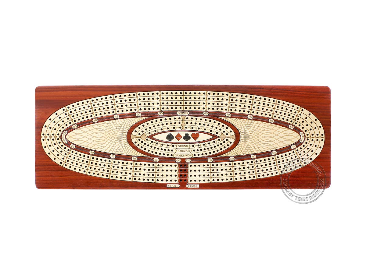 House of Cribbage - Continuous Cribbage Board/Box Inlaid in Blood Wood/Maple : 4 Track - Sliding Lids, Drawer & Metal Pegs with Score Marking Fields for Skunks, Corners and Won Games
