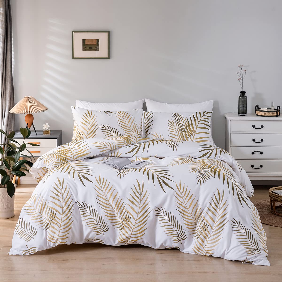 Megsv Leaves Duvet Cover Set Golden Tropical Leaf Comforter Cover with Pillow Sham Soft Bedding Set No Comforter (King)