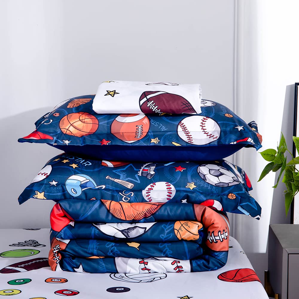 Wajade Sports Comforter Set Bed in A Bag Full Size 7 Piece 3D Soccer Basketball Baseball Football Bedding Set for Kids Boys (1 Comforter, 1 Flat Sheet, 1 Fitted Sheet, 2 Pillowcase and 2 Pillow Sham)