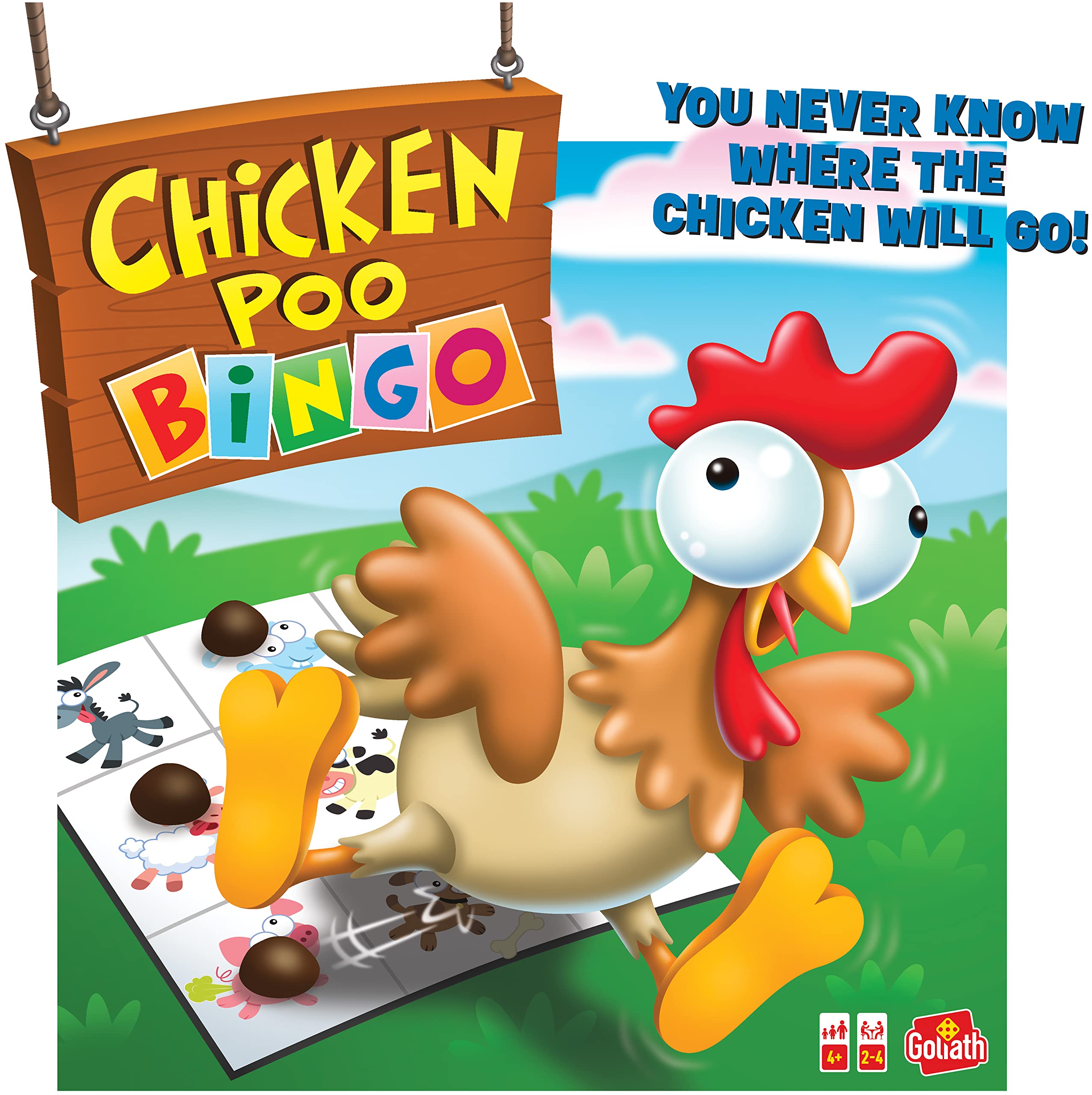 Goliath Chicken Poo Bingo Game - Wind-Up Chicken Drops Poos On Bingo Game Board - Ages 4 and Up, 2-4 Players