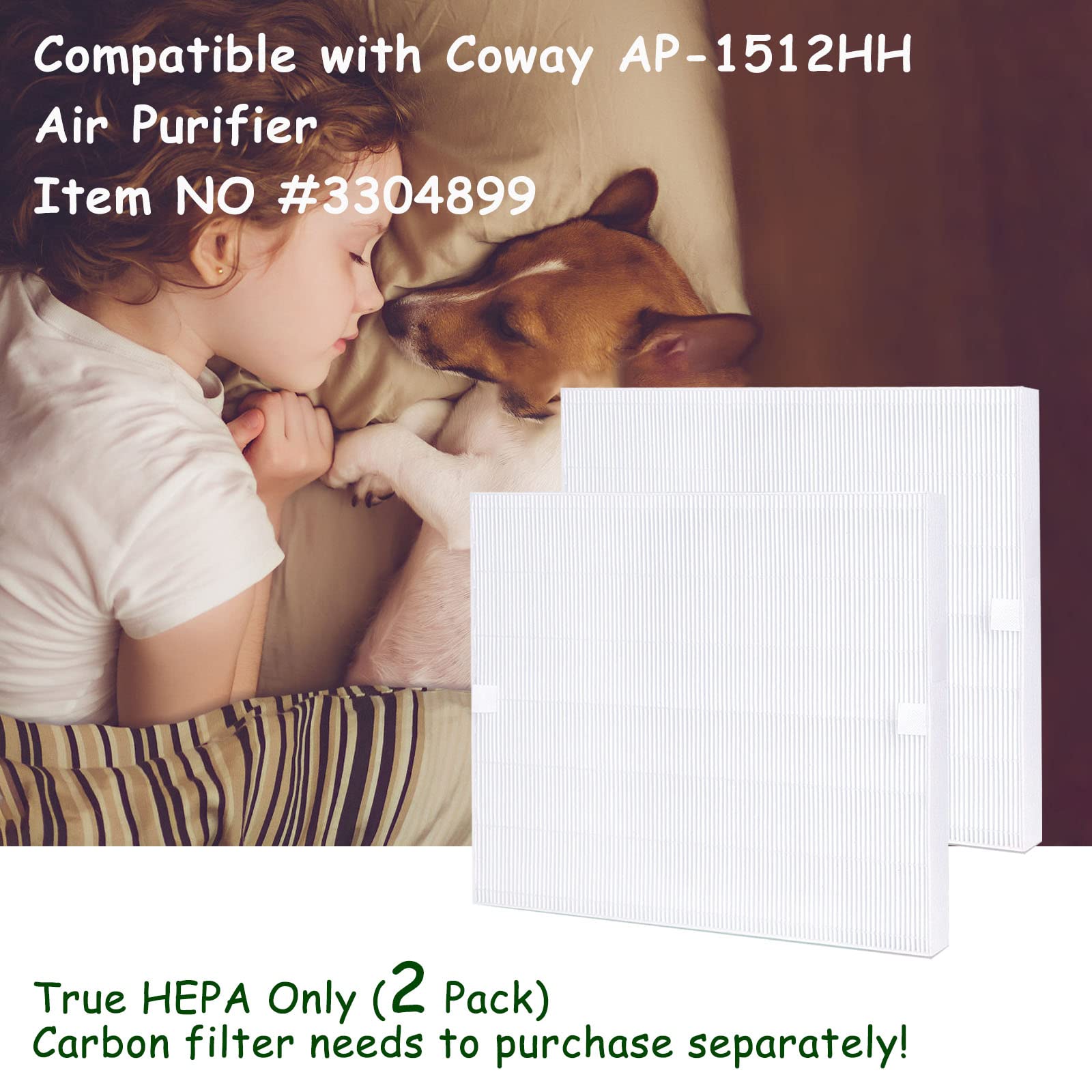 AP-1512HH Filter Replacement Compatible with AP1512HH 3304899 Coway Air Purifier, AP-1512HH-FP, Item NO #3304899, 2 Pack HEPA Filter Only