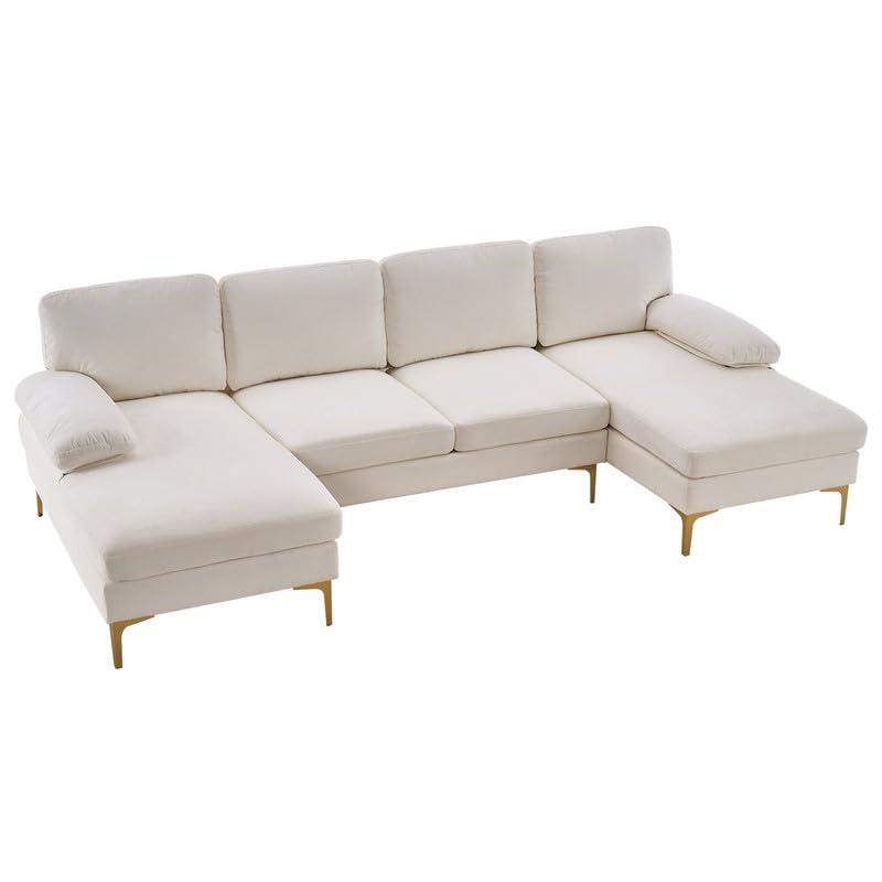 TURRIDU Couches for Living Room, Convertible Sectional Sofa Couch U Shaped Couch in Chenille with 2 Pillows and Metal Legs, 4-seat Modular Sofa for Apartment, Small Space, Lounge, White