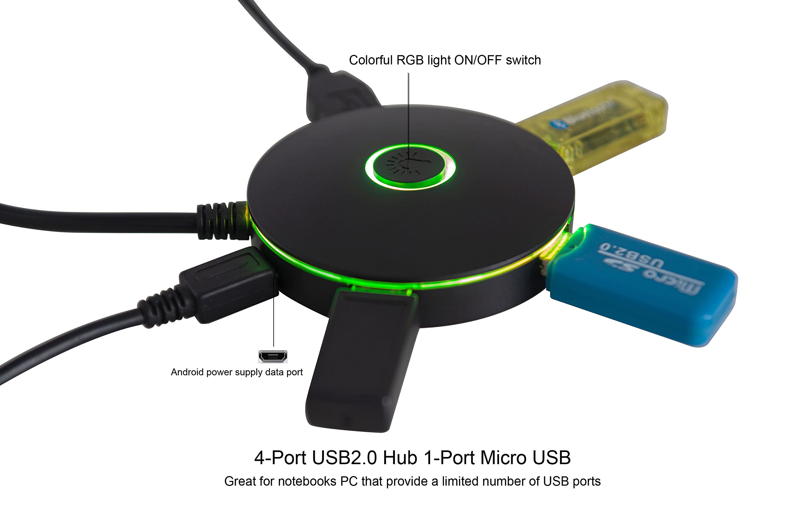 Wabao UFO HUB 5-Port USB2.0 1-Micro USB Hub 7 Color Breathing Power Supply lamp, Independent Switch