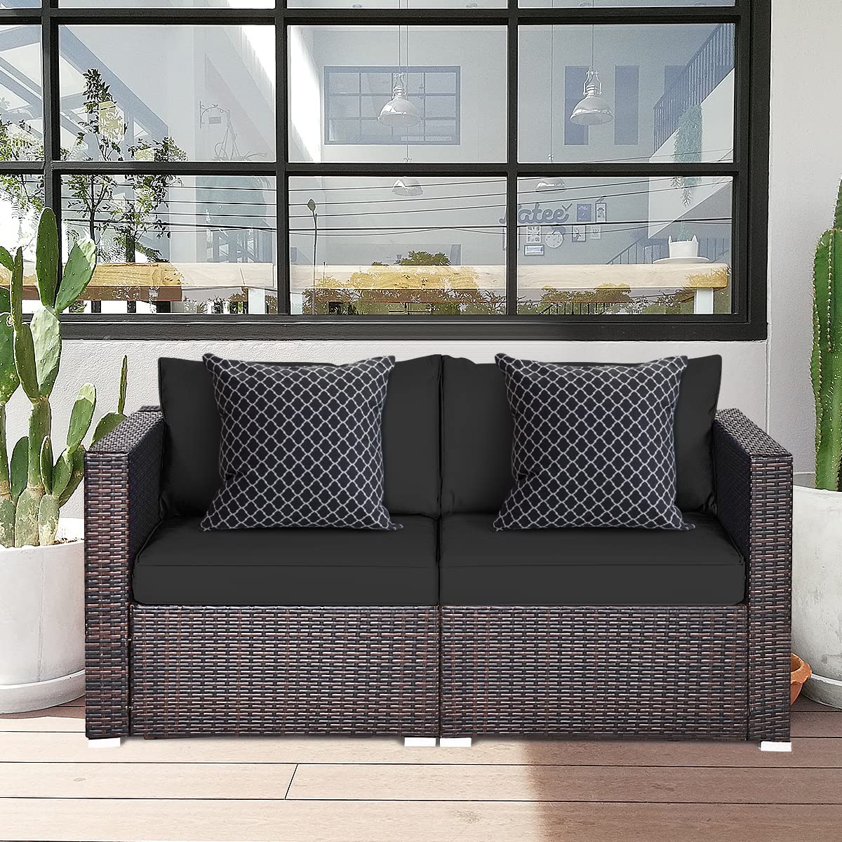 HAPPYGRILL 2 Pieces Patio Sofa Set Rattan Wicker Corner Sofa Set with Zippered Cushions for Backyard Balcony Porch Garden Poolside