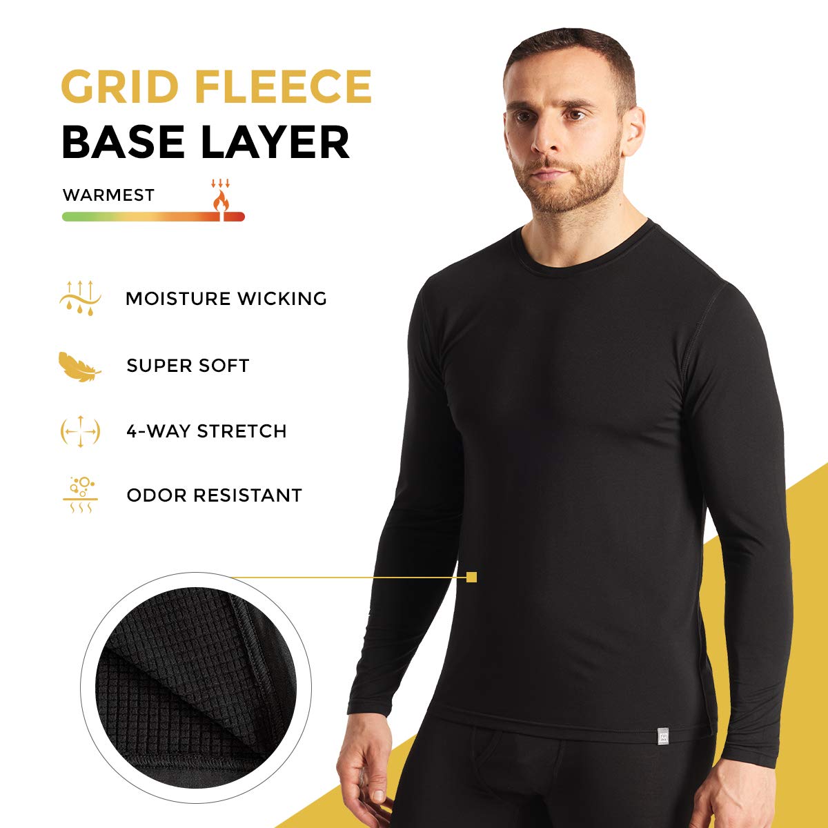 Avalanche Men's Moisture Wicking Crewneck Grid Fleece Long Sleeve Base Layer Top Black L