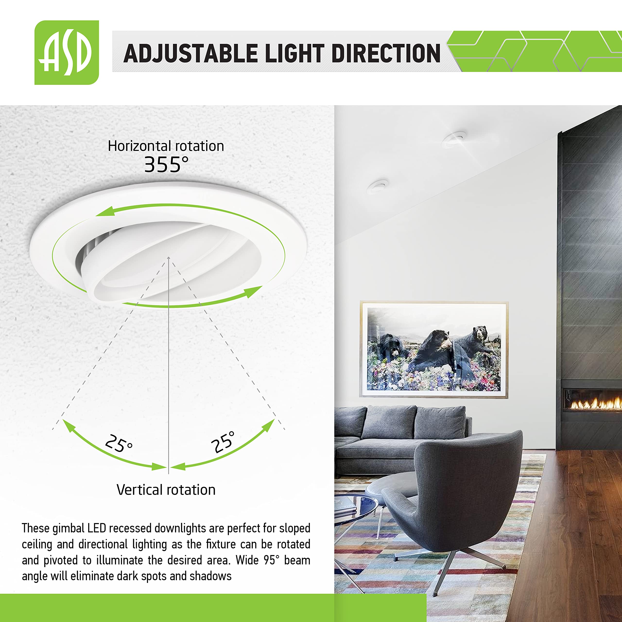 ASD 6 Gimbal LED, LED Can Lights, 15W - 110W Replacement, 1010 Lm Dimmable Ceiling LED Lights, 3000K Warm White, CRI 90, Retrofit LED Recessed Lighting, ETL, 6 Pack