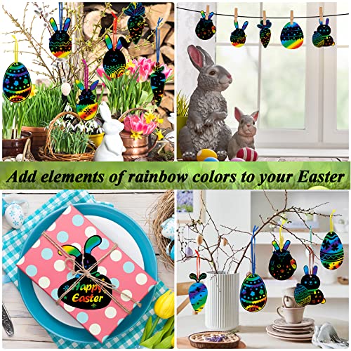 GOMANCHE 48 Pcs Easter Scratch Crafts for Kids, Rabbit Bunny Carrot Easter Egg Rainbow Scratch Paper Ornaments with Wooden Stick and Ribbon for Easter Party Favors
