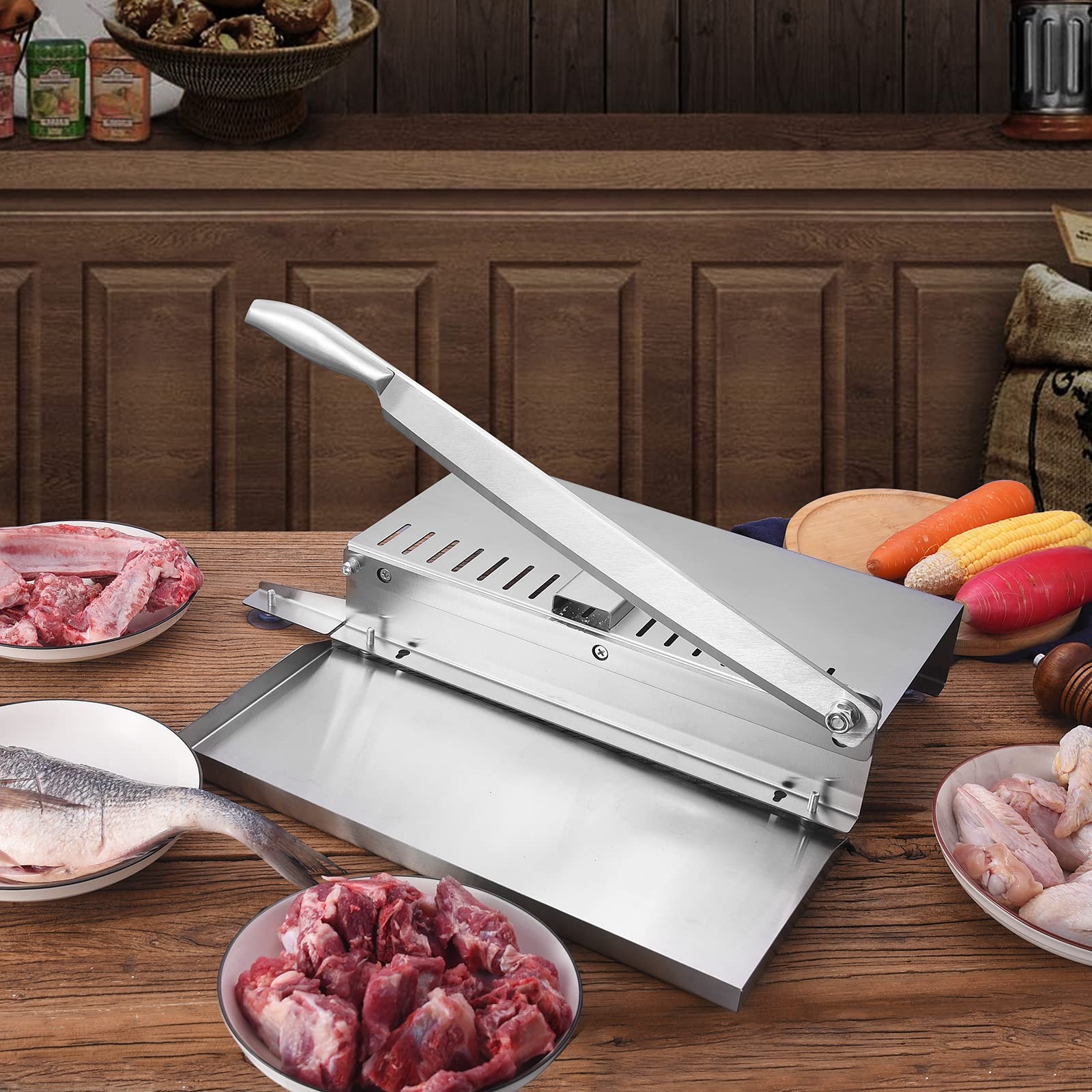 Meat Slicer Bone Cutter 20in,Manual Ribs Chopper for Chicken Fish or Beef,Stainless Steel Frozen Meat Slicer with Food Tray