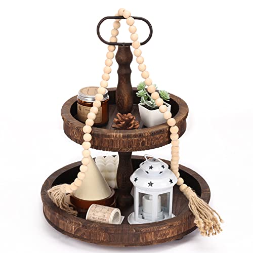 HOLICOLOR Decorative Trays, Tiered Tray Decor Farmhouse Two Tiered Tray Brown Tiered Serving Tray Wood Tray with Wooden Beads String for Kitchen Coffee Macaron Plate Cakes Dessert Fruit