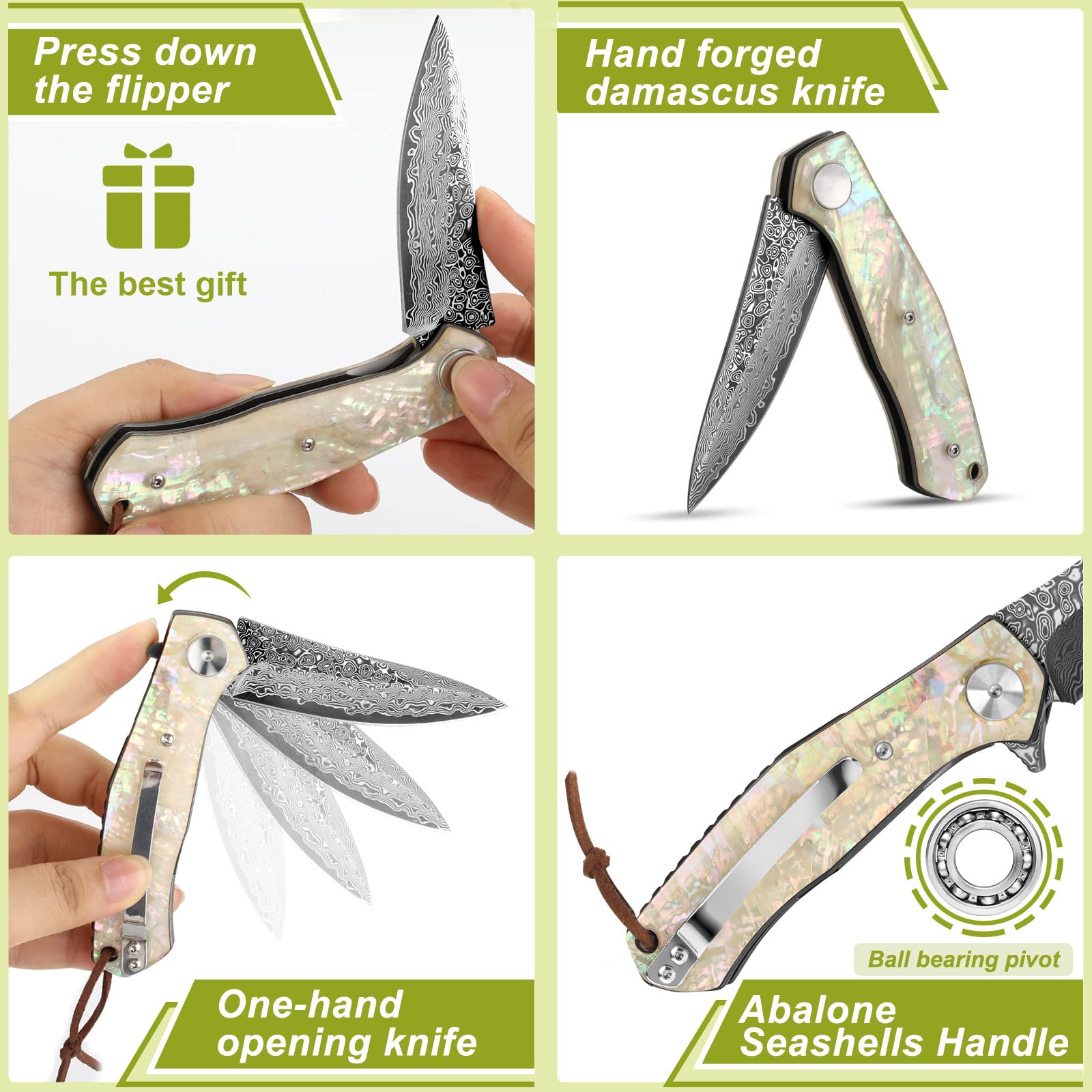 Benkey VG10 Damascus Pocket Knife with Clip Leather Sheath and Abalone Seashells Folding Hunting Knife Bundles