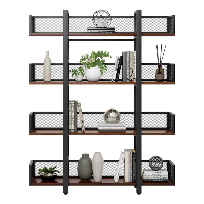 TODDLA 4 Tier Industrial Book Shelf, Solid Wood Bookcase, Rustic Book Case, Metal and Wood Book Shelf, Pine Wood Bookshelves, Real Wood Bookshelf