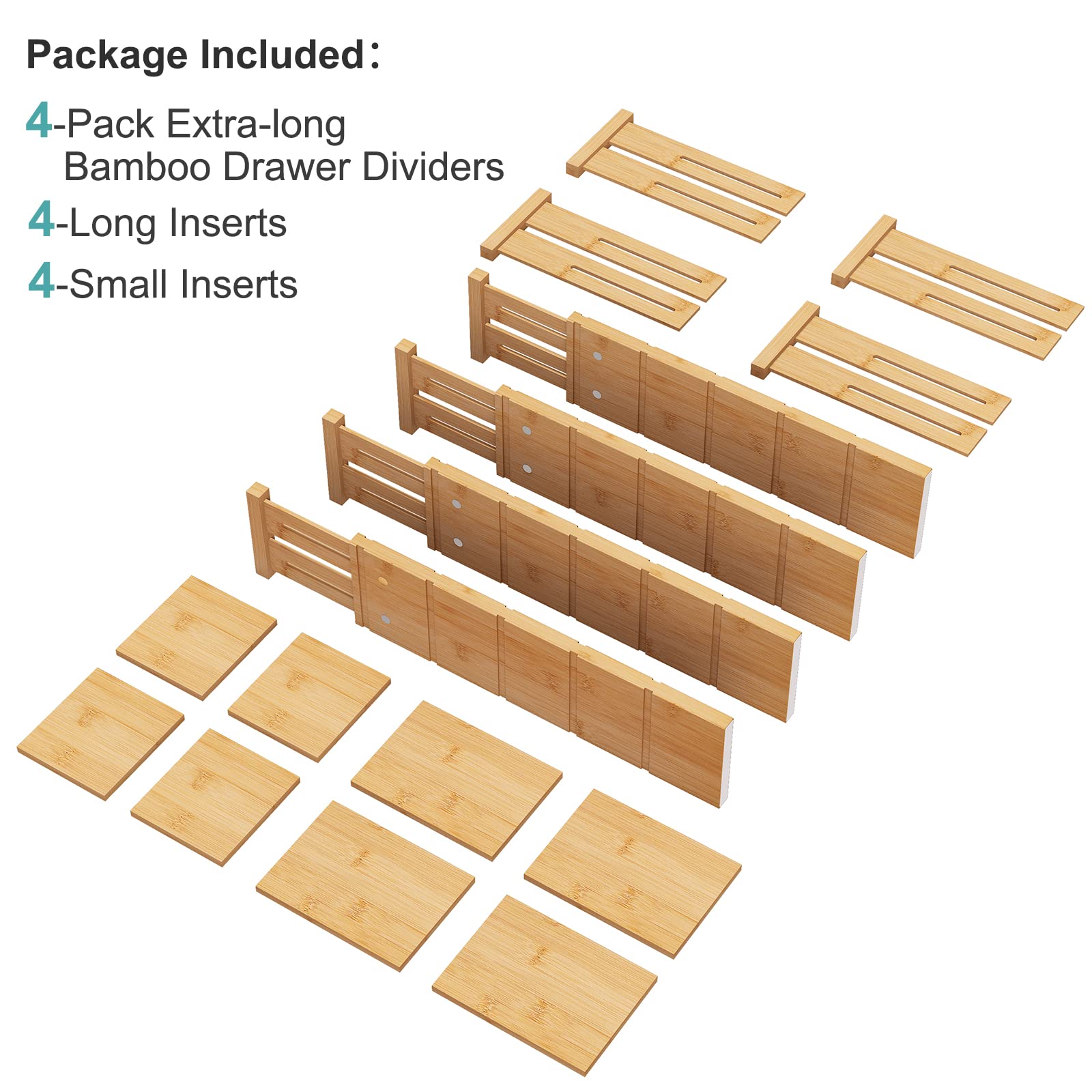 Vriccc 4.4" High Bamboo Drawer Dividers with Inserts, Kitchen Adjustable Drawer Organizers, Expandable Organization for Home, Office, Dressers, and Bathroom, 4 Divider with 8 Insert