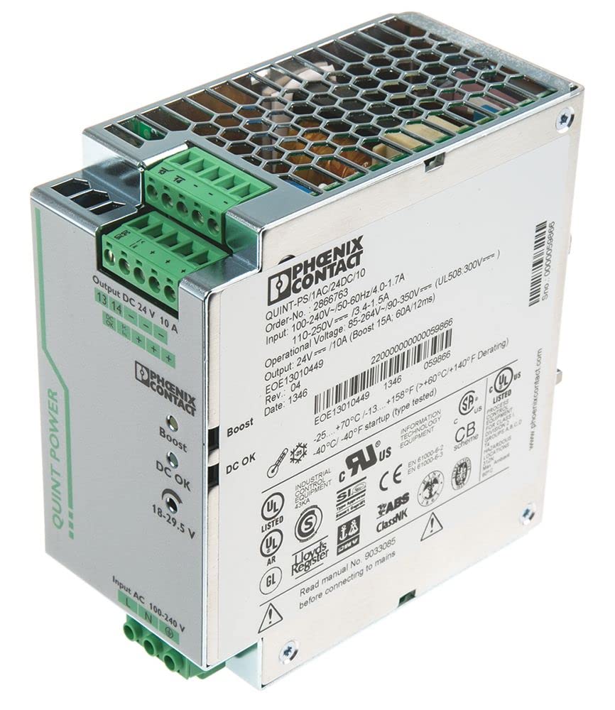 PHOENIX CONTACT QUINT-PS/1AC/24DC/10 10AMP, 2.8-1.2AMP, 50/60HZ, Input:100-240VAC, Output: 24VDC, Power Supply