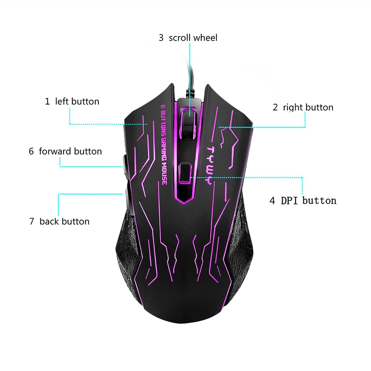ASDASD Wired Gaming Mouse, Colorful Luminous Mouse, 6 Buttons, Computer USB Mouse Up to 3200 DPI, Suitable for Desktop and Laptop Game Players and Work