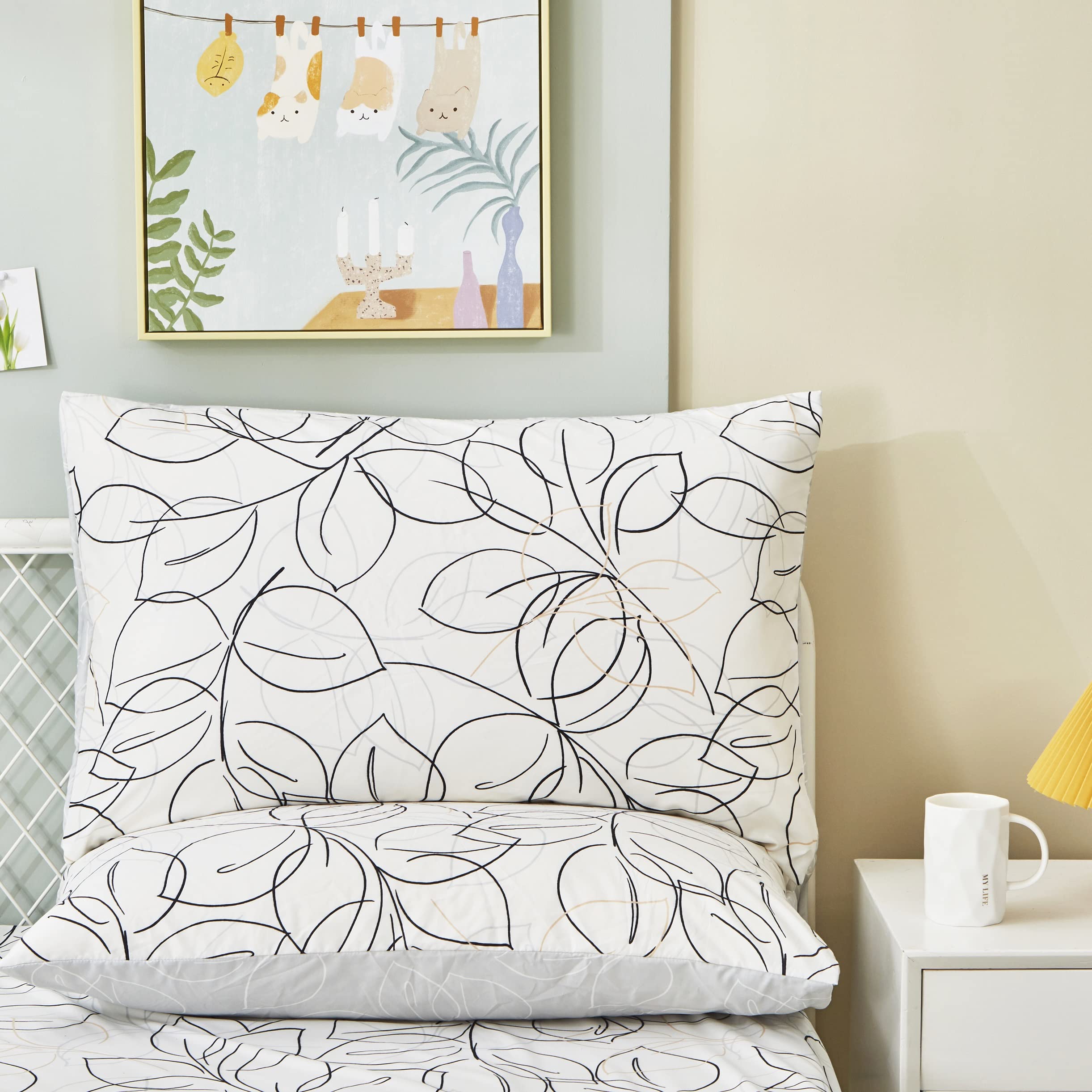 Tache Modern Abstract Floral Leaf Minimalist Line Art White Black Grey Gold Duvet Cover, King