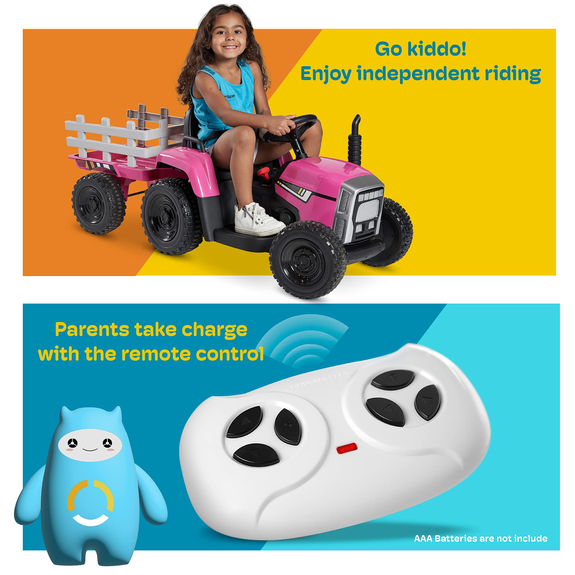 Kidzone 12V 7AH Premium Version with EVA Treaded Tires Dual 35W Motors Boost Power Torque Remote Control Powered Electric Tractor with Trailer Toddler Ride On Toy 3-Gear-Shift, 7-LED Lights, MP3