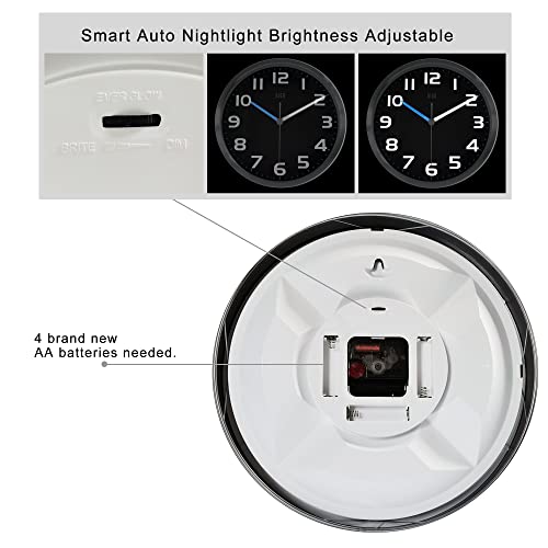 HITO 12β Night Light Wall Clock Glow in The Dark for Bedroom Silent Wall Clock Battery Operated for Living Room Decor, Brightness Adjustable, Metal Frame, Glass Cover(Hands + Numbers Illuminate)