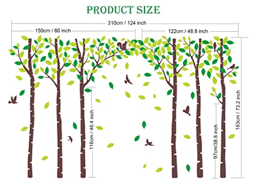 Six Birch Tree Wall Decals Birds Cute Squirrel Forest Wall Stickers for Kids Room Nursery Bedroom Living Room Classroom Decoration (Brown,Green)
