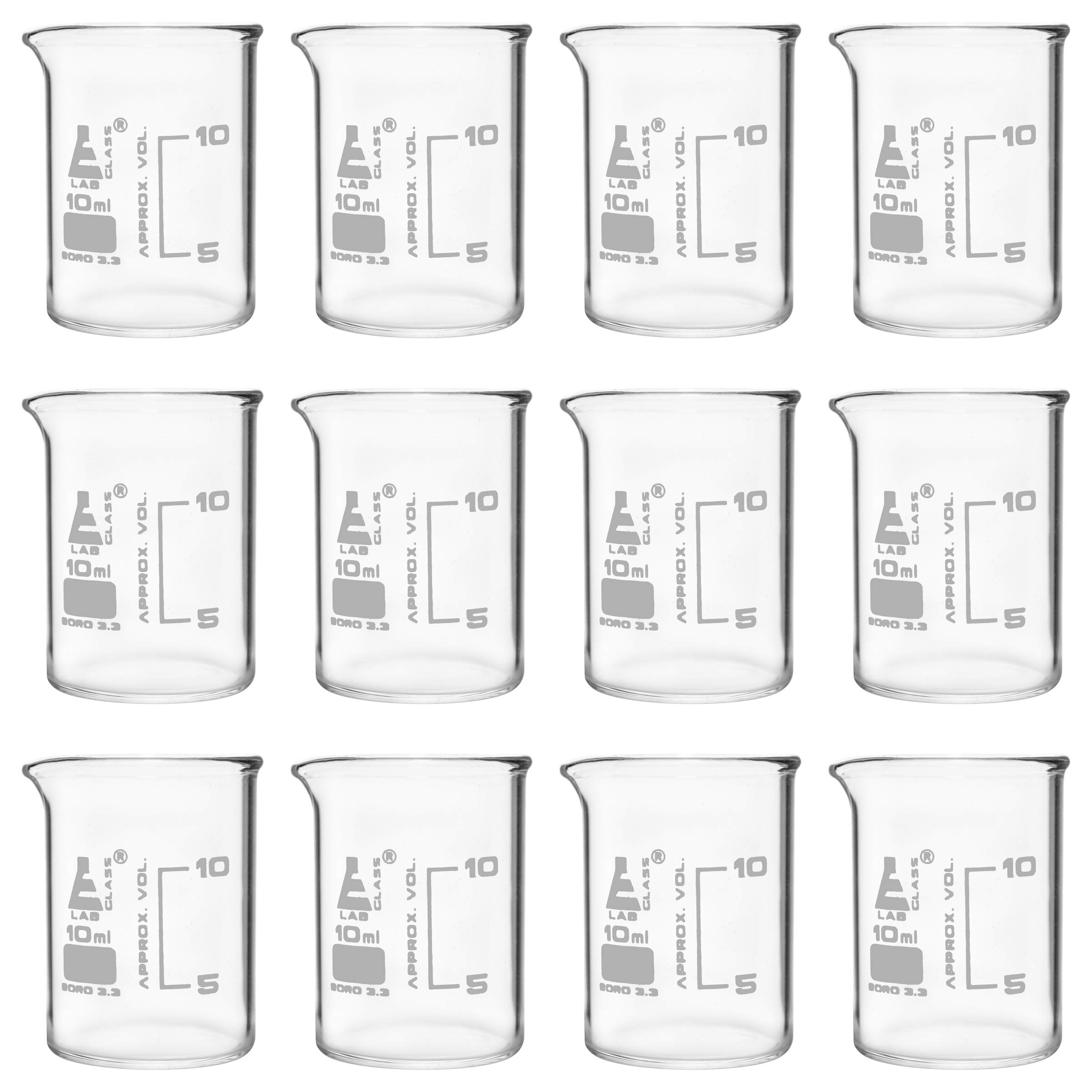 EISCO 12PK Beakers, 10ml - ASTM - Low Form with Spout - White Graduations - Borosilicate 3.3 Glass