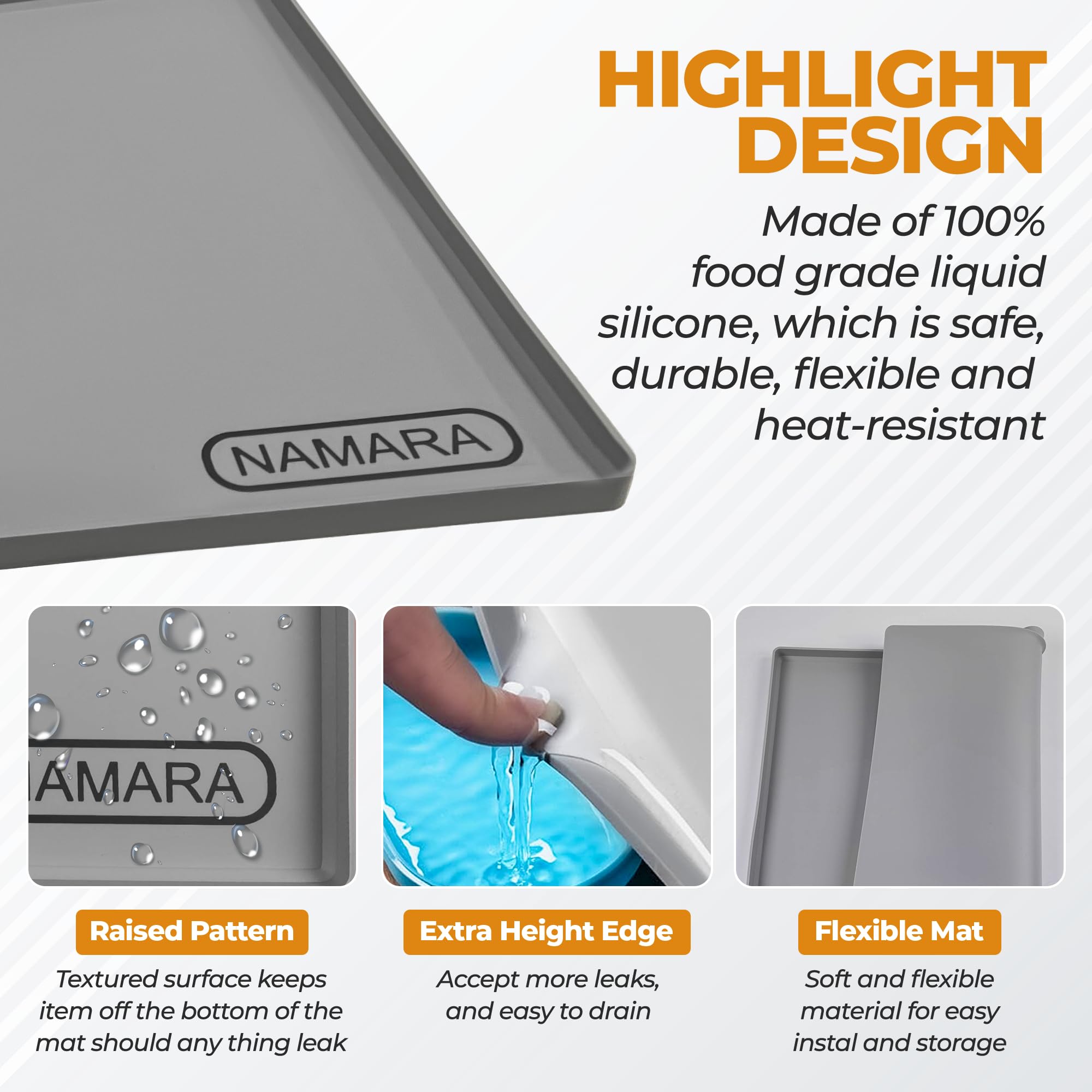 NAMARA Under Sink Mat – 22 x 22 Inches Silicone Sink Mat for Kitchen Sink – Modern Grey Under Sink Organizers and Storage Sink Mat – Protects Against Water Drips, Spills – Easy to Clean, Gray