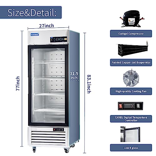 ICECASA 27" W Commercial Display Refrigerator Single Glass Door Merchandiser Reach-in 23 Cu.ft Stainless Steel Display Refrigerator Fan Cooling for Restuarant, Bar, Shop, etc