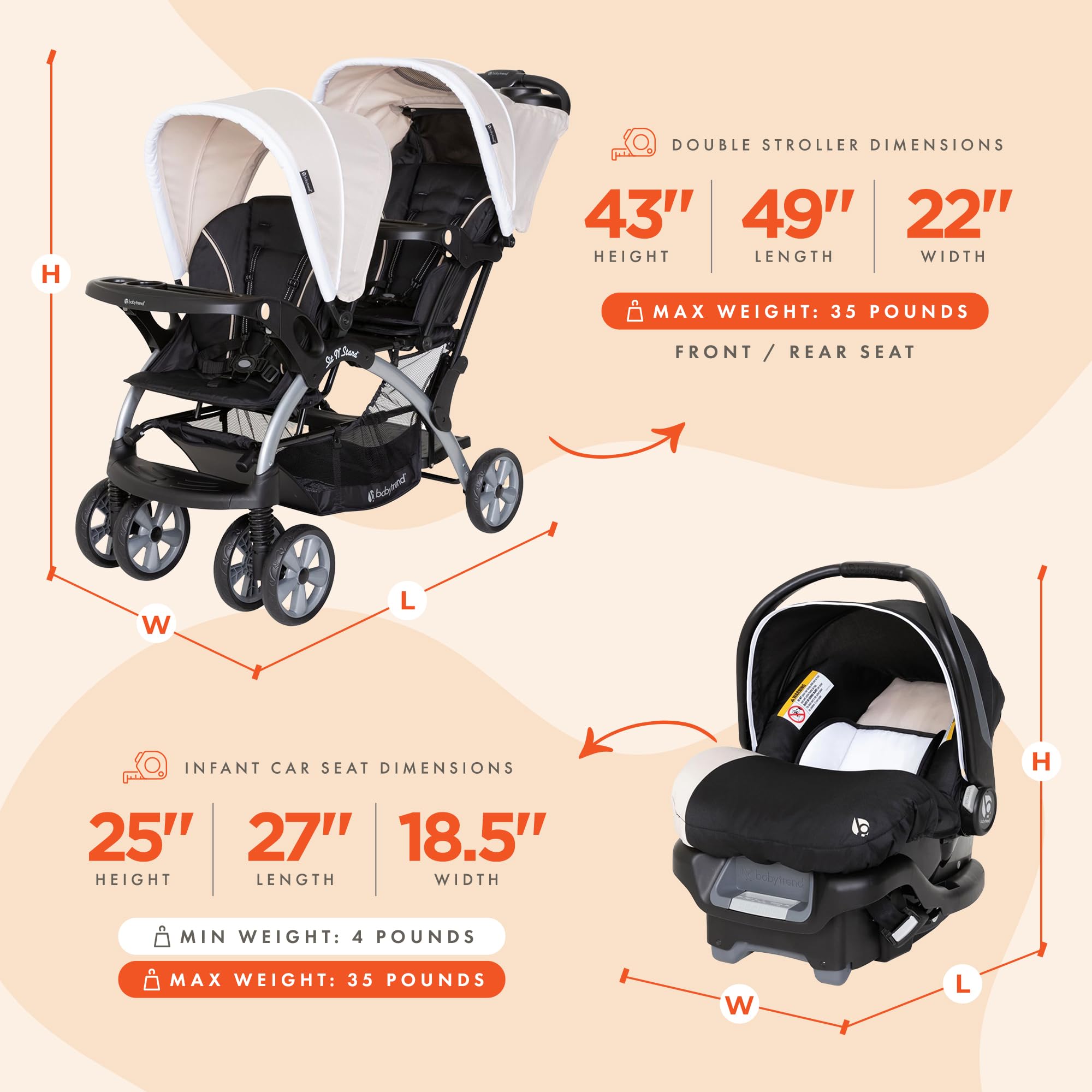 Baby Trend Sit N' Stand Easy Fold Travel Double Toddler and Newborn Stroller & 2 Single Infant Car Seat Combo Set, w/ Safety Harnesses & Cover, Khaki