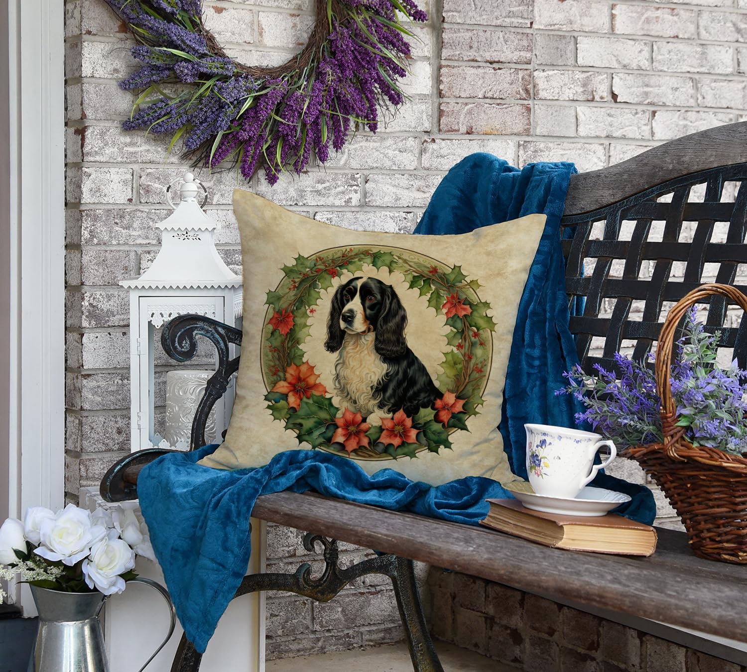 Caroline's Treasures DAC2443PW1818 Welsh Springer Spaniel Christmas Flowers Throw Pillow Machine Washable, Indoor Outdoor Decorative Pillow for Couch, Bed or Patio, 18Hx18W