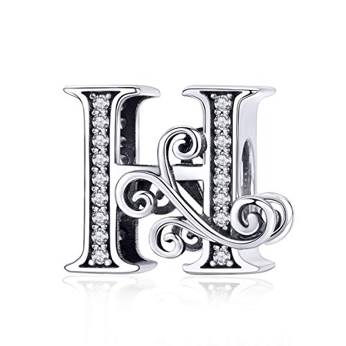 Authentic 925 Sterling Silver Charms Vintage A-Z Letter Alphabet Charms Fit Pandora Bead Bracelets & Women Original Charm Diy Jewelry (H)