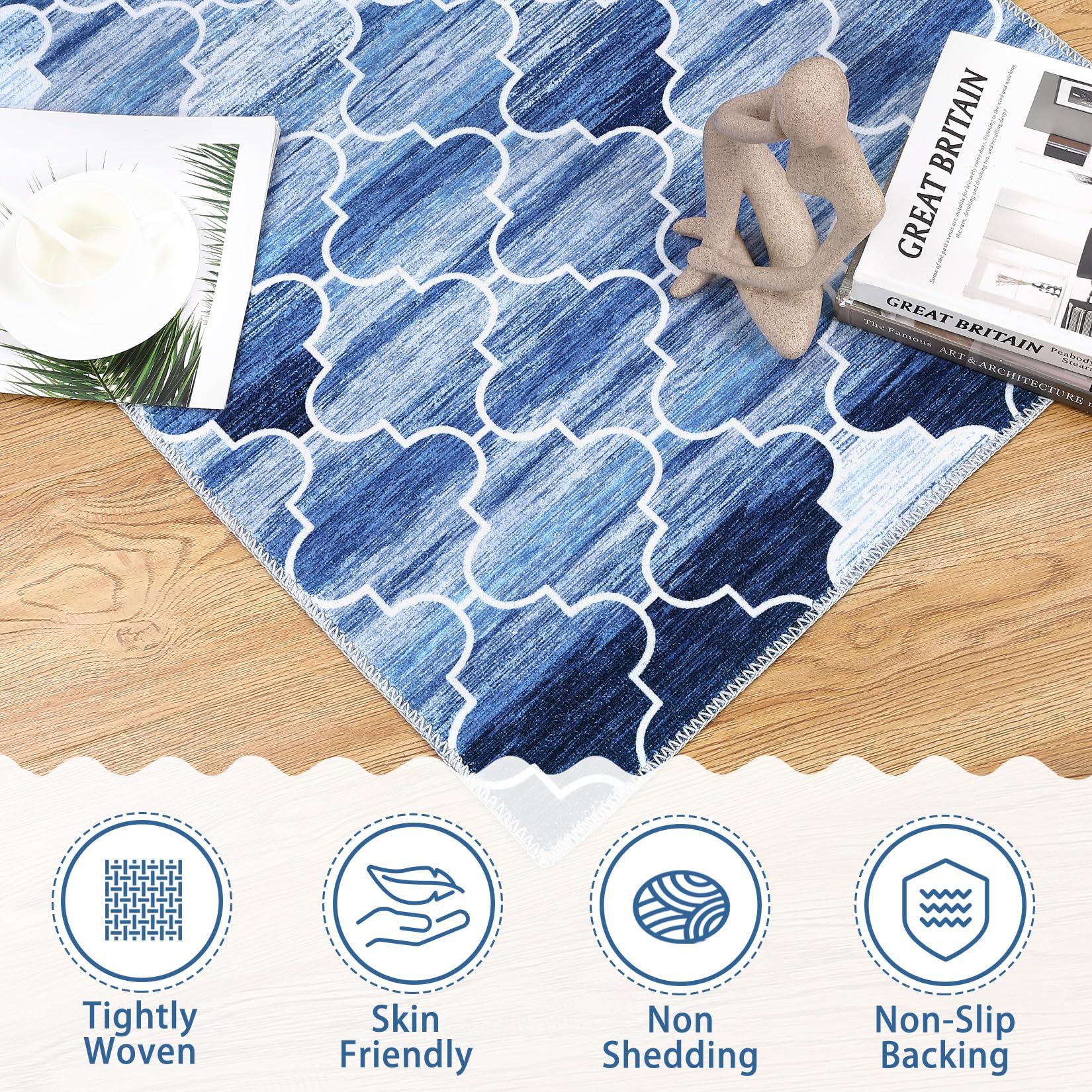 CAROMIO 8x10 Area Rug Machine Washable Rug Modern Moroccan Area Rug Distressed Trellis Accent Rug Stain Resistant Non-Slip Foldable Floor Cover Carpet Rug for Living Room Home Decor, Navy