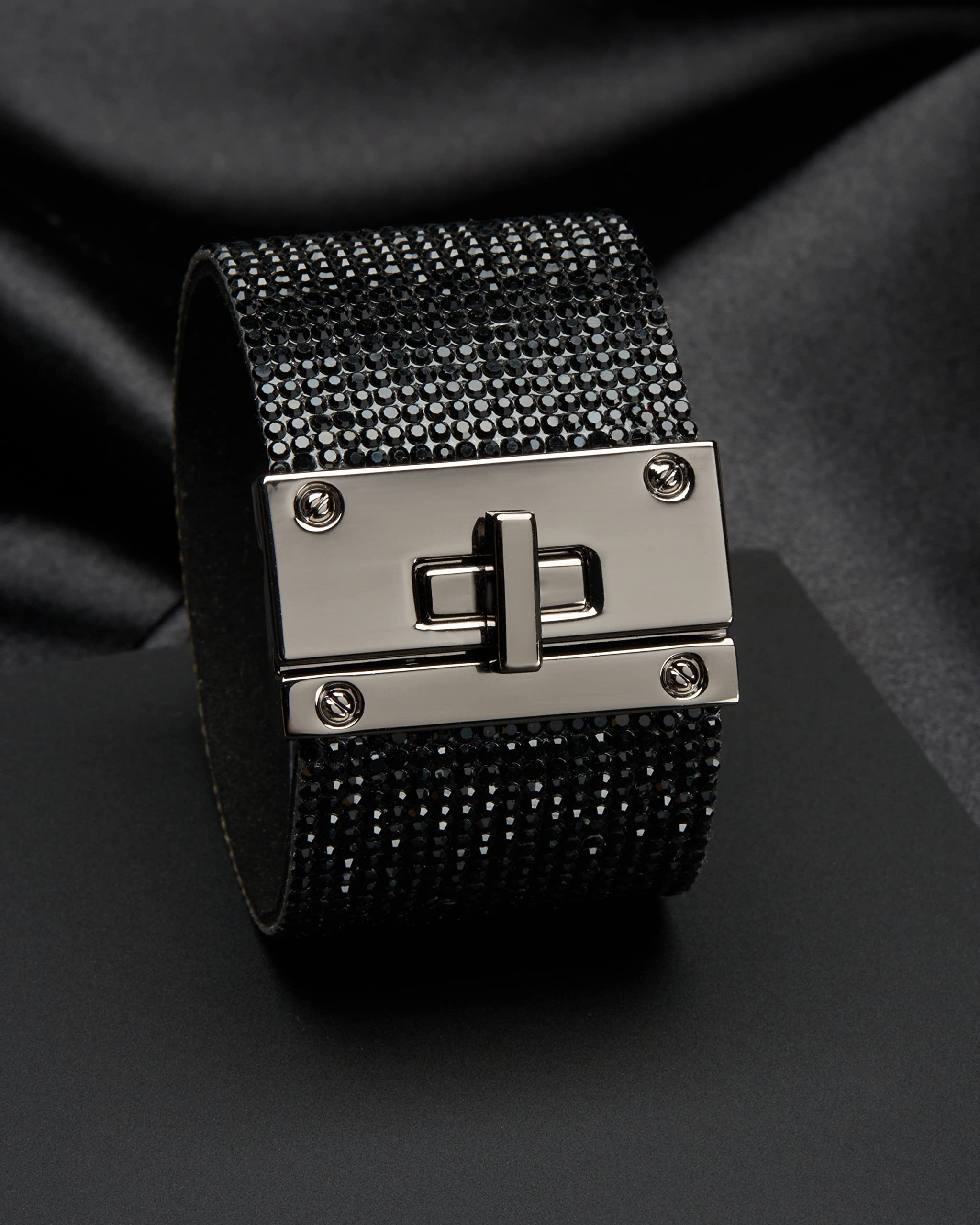 Badgley Mischka Women's Bracelet - Crystal Studded Leatherette Box Clasp Bangle Cuff Wrap Wristband, Hematite