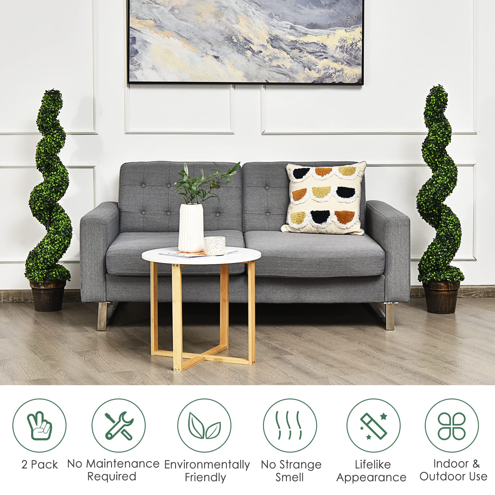 Goplus 4FT Artificial Spiral Boxwood Topiary Tree, 2 Pack Greenery Large Faux Plant in Cement-Filled Plastic Pot, Tall Fake Plant for Indoor Outdoor Home Front Porch Decor
