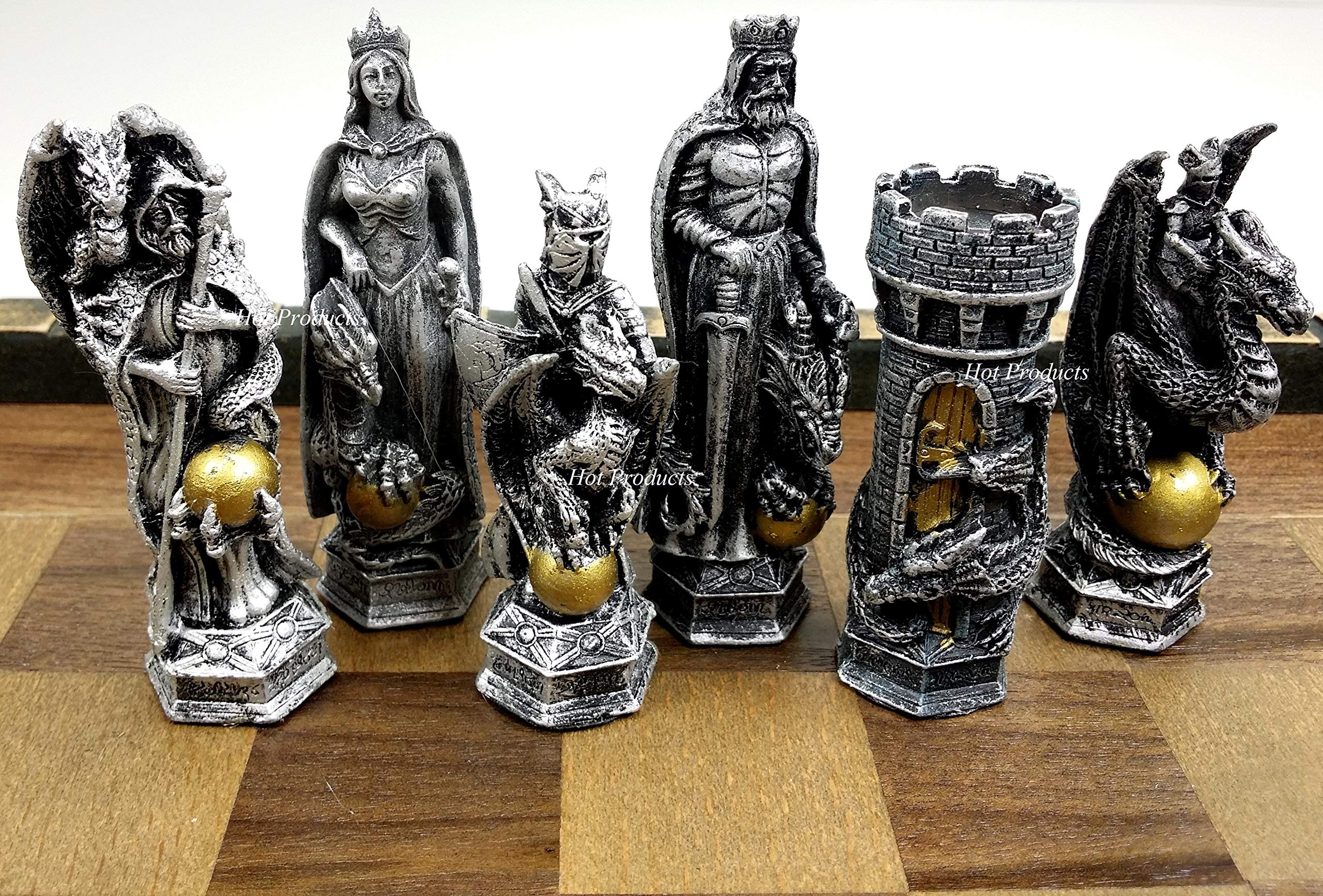 King Arthur Sir Lancelot Gold and Silver Medieval Times Camelot Chess Men Set- NO Board