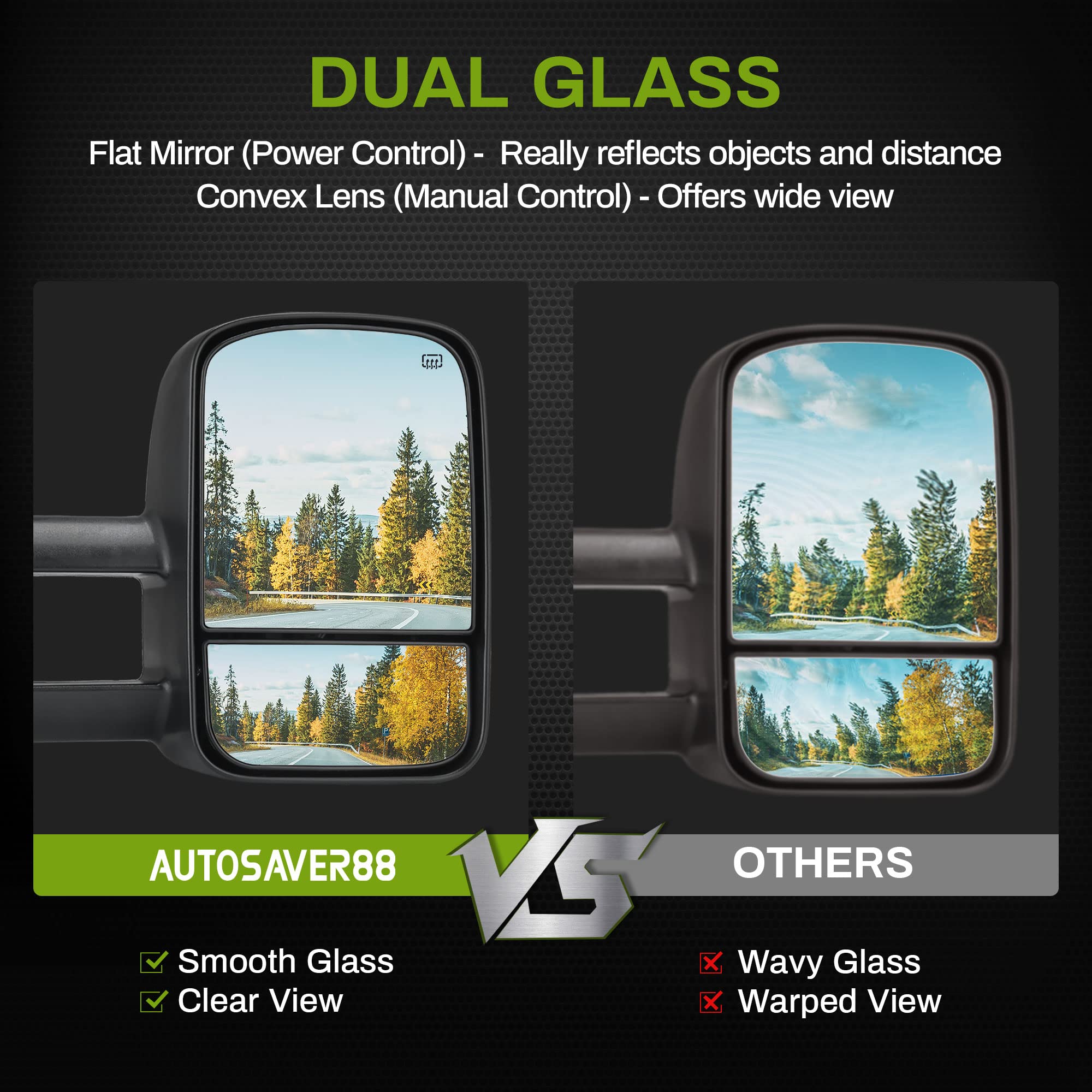 AUTOSAVER88 Tow Mirrors Compatible with 2007-2014 Chevy Silverado GMC Sierra, Power Heated Driver and Passenger Side Replacement Towing Mirror Set with Turn Signal and Dual Glass