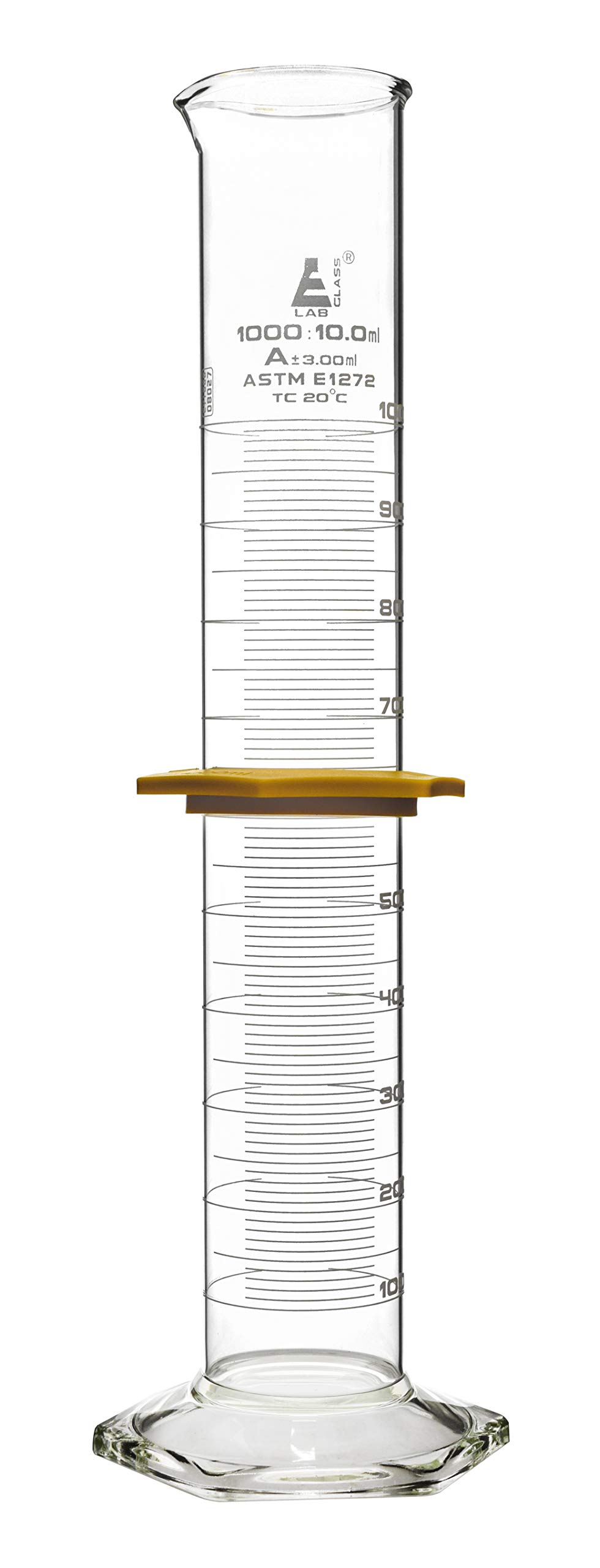 EISCO Graduated Cylinder, 1000mL - ASTM, Class A Tolerance ±3.00mL - Protective Collar, Hexagonal Base - White Graduations - Borosilicate 3.3 Glass