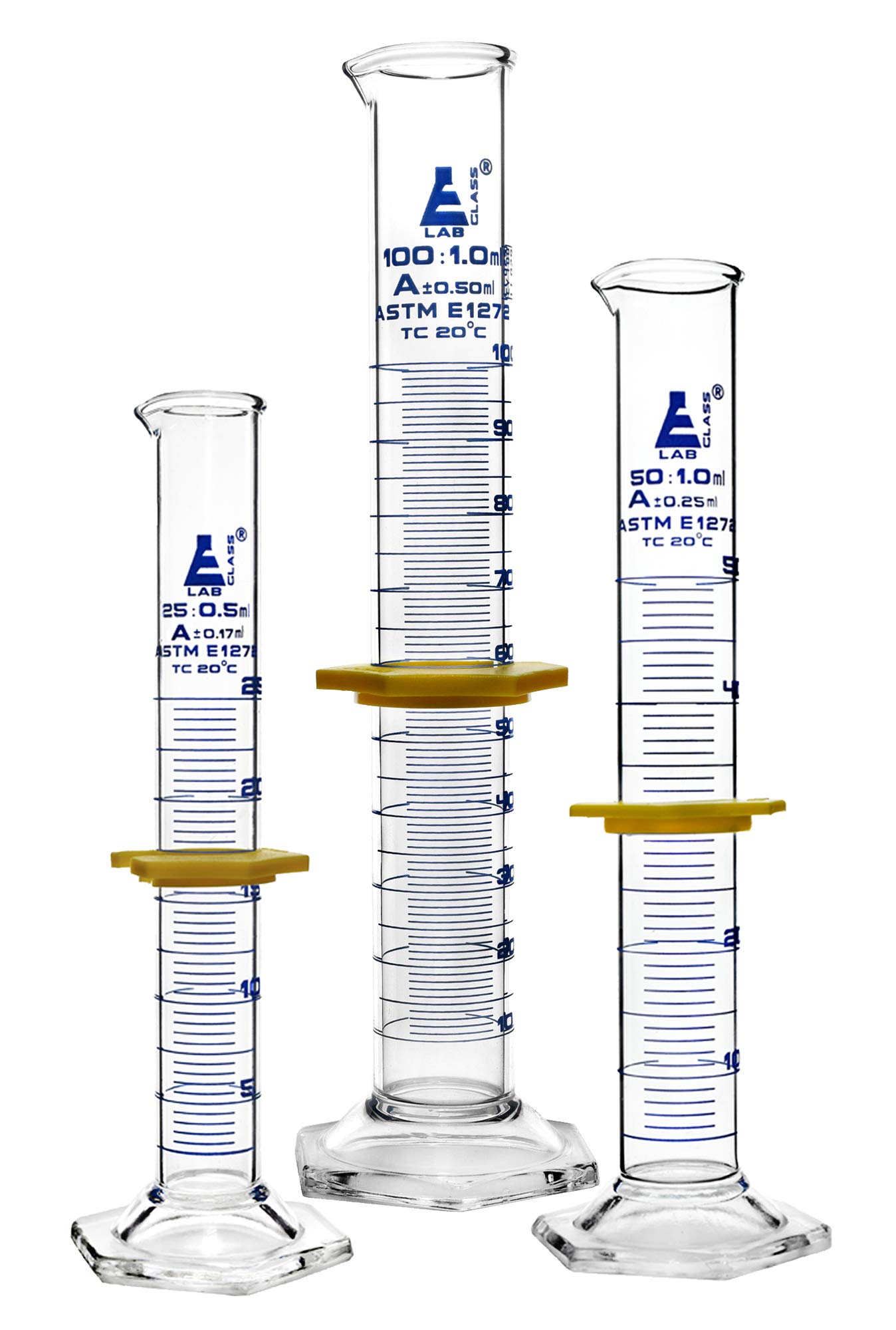 EISCO Premium Graduated Cylinder Set - 25mL, 50mL & 100mL - ASTM, Class A - Protective Collars, Hexagonal Base - Blue Graduations - Borosilicate 3.3 Glass