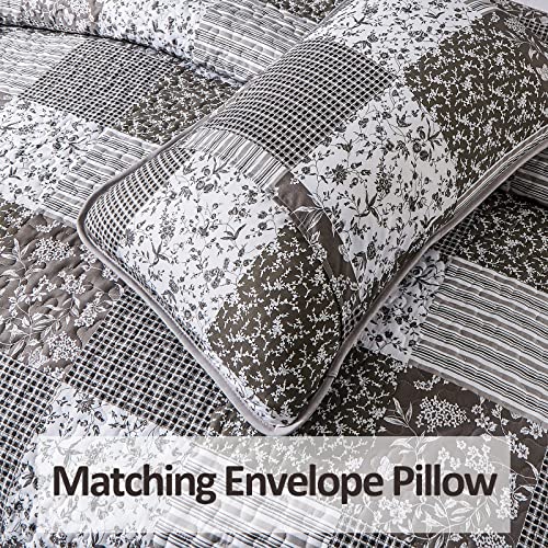 Mybedsoul Grey Boho Quilt Set King Size,3 Pieces Plaid Floral Bedspread Coverlet Set for All Season,Patchwork Reversible Bedding Set King 90"x104"