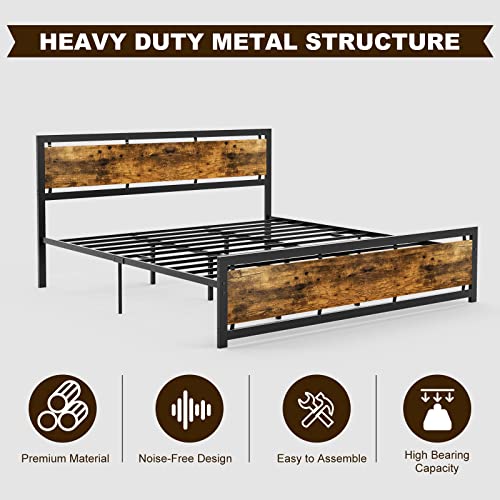 IKIFLY Industrial Metal King Size Bed Frame/Farmhouse Metal Platform Bed with Wooden Headboard Footboard/Heavy Duty Steel Slats Support/No Box Spring Need, Easy Assembly(King, Rustic Brown)