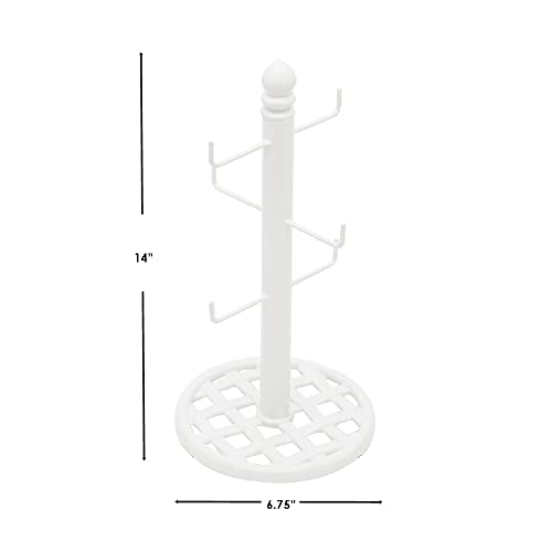 Home Basics Weave 6 Hook Cast Iron Mug Tree, White | Round Base | Rubber Feet | Strong Branches to Hold Mugs